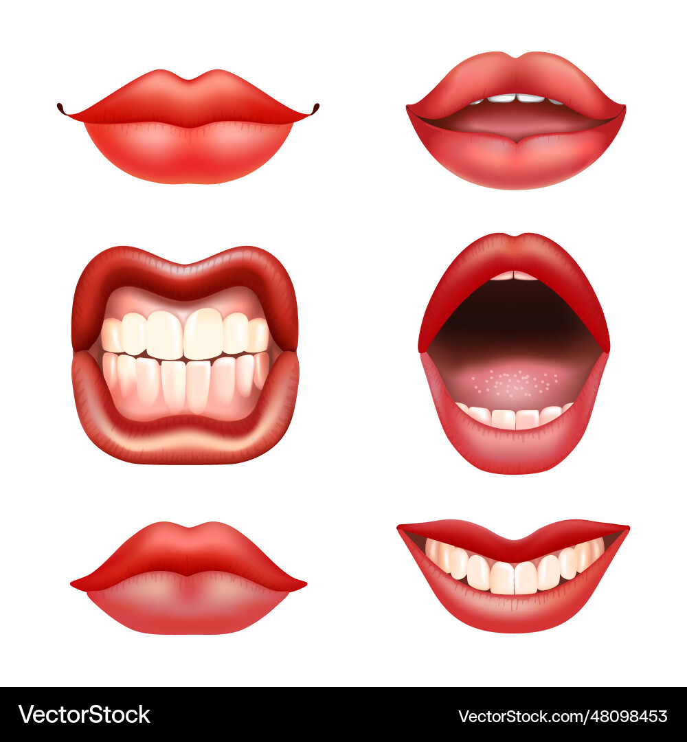 6 beautiful female red lips with teeth for Vector Image