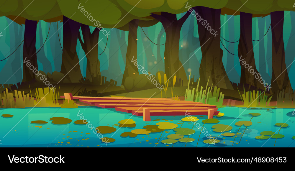 Forest swamp with wooden pier Royalty Free Vector Image