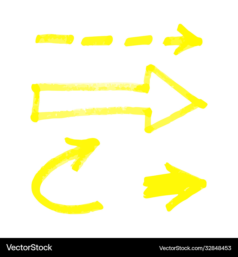Set yellow hand drawn marker arrows realistic Vector Image