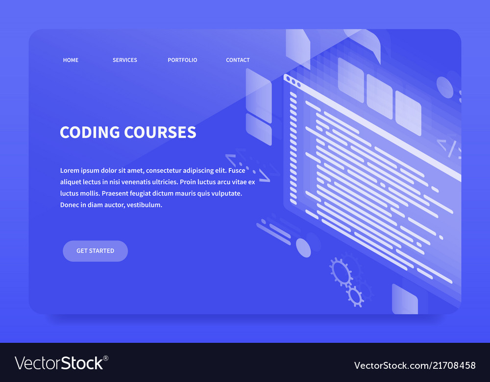 Isometric concept landing page coding courses Vector Image