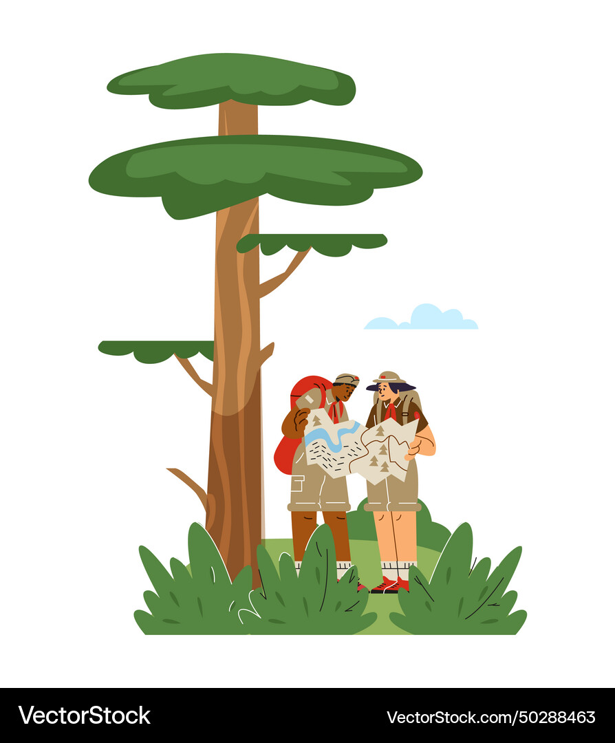 Scout boys exploring map in forest scouts wearing Vector Image