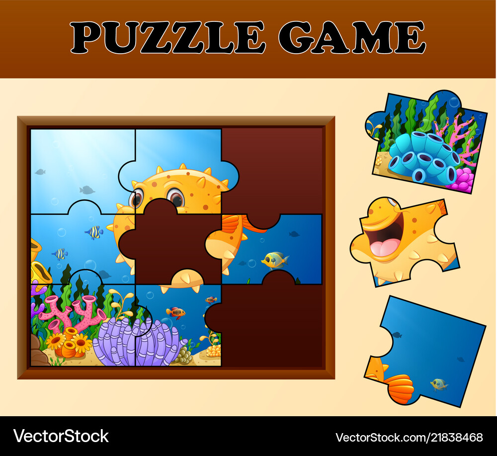 Puffer fish in undersea with puzzle concept Vector Image