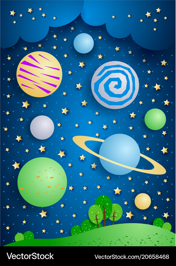 Surreal landscape with big planets in the sky Vector Image