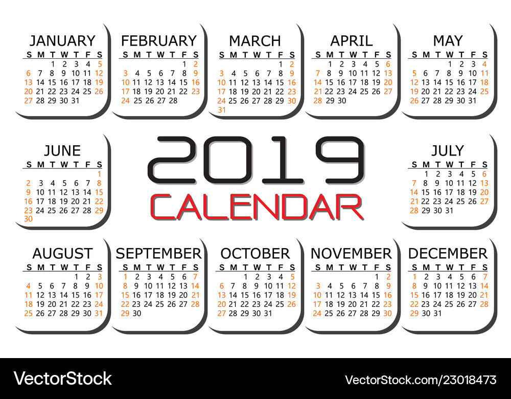 2019 calendar red black text number on white Vector Image