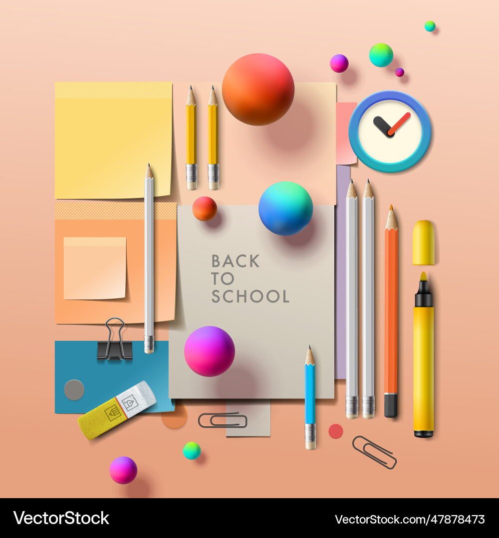 Assorted school and office colorful stationery Vector Image