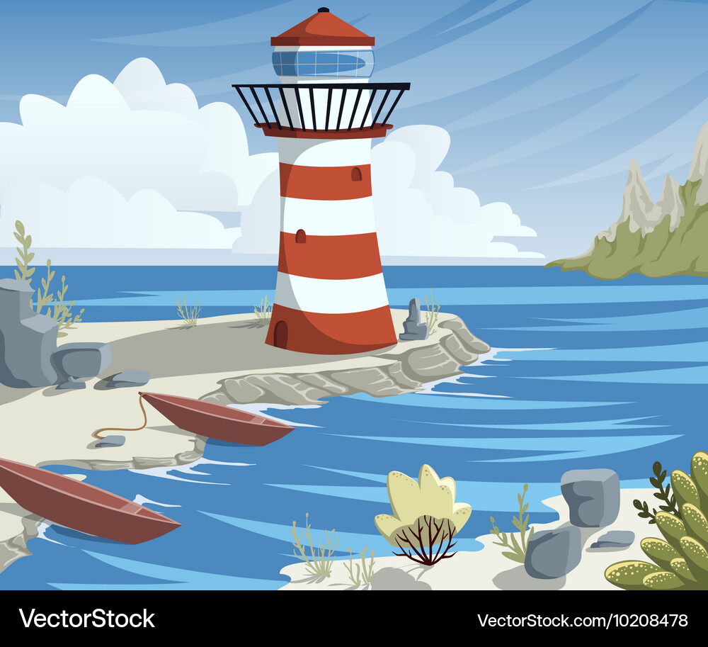 Cartoon Lighthouse Coastal Scene Royalty Free Vector Image