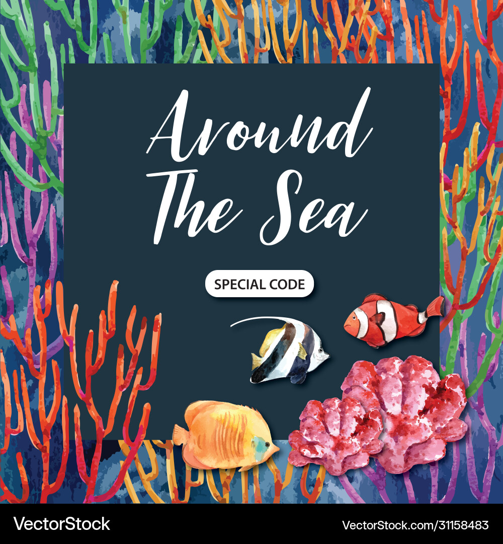 Frame design with sealife themed deep-sea fish Vector Image
