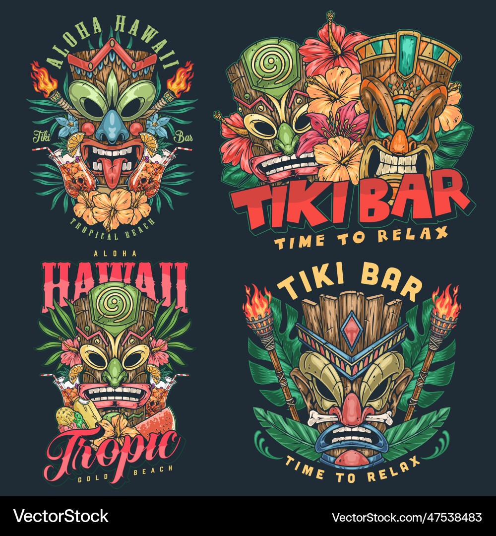 Tiki mascots set posters colorful Royalty Free Vector Image