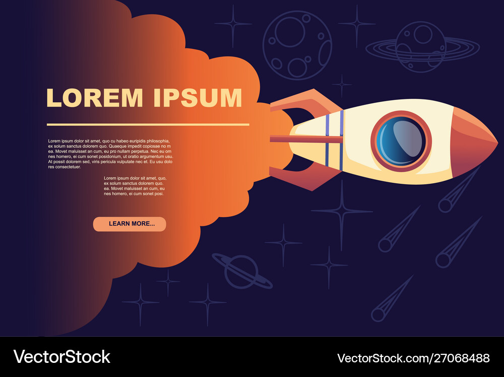 Cartoon design space ship launch with orange smoke
