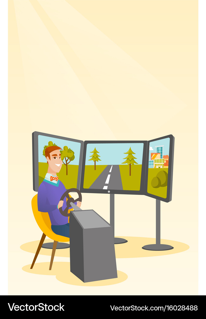 Caucasian playing video game with gaming wheel Vector Image