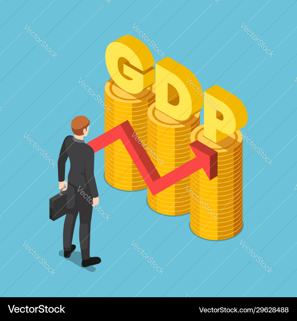 Isometric businessman with gdp word on coin stack Vector Image