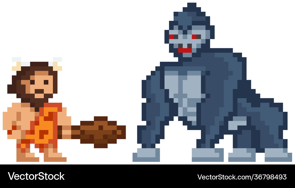 Pixelated warrior primitive man holding club Vector Image
