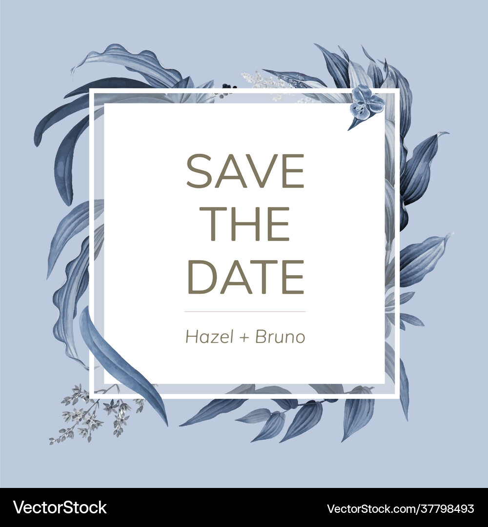 Wedding invitation card with blue leaves design Vector Image