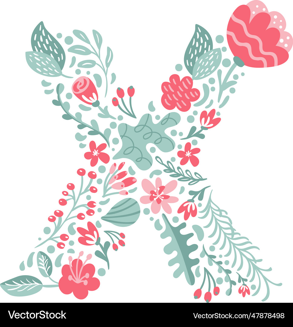 Hand drawn font letter x with flowers Royalty Free Vector