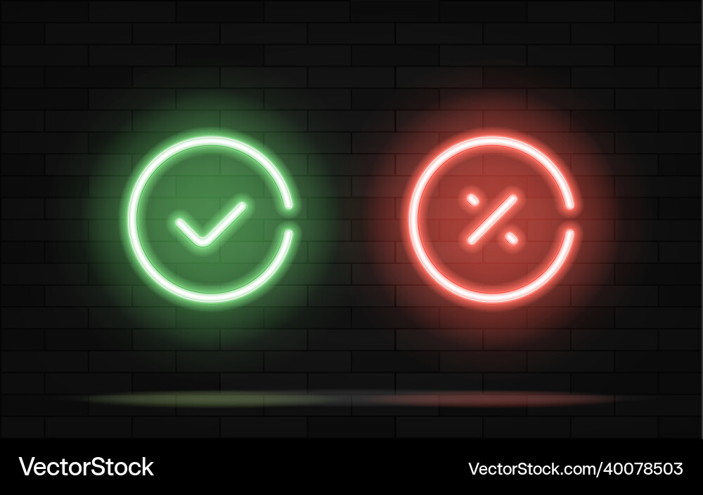 Check mark line symbol neon light in black brick Vector Image