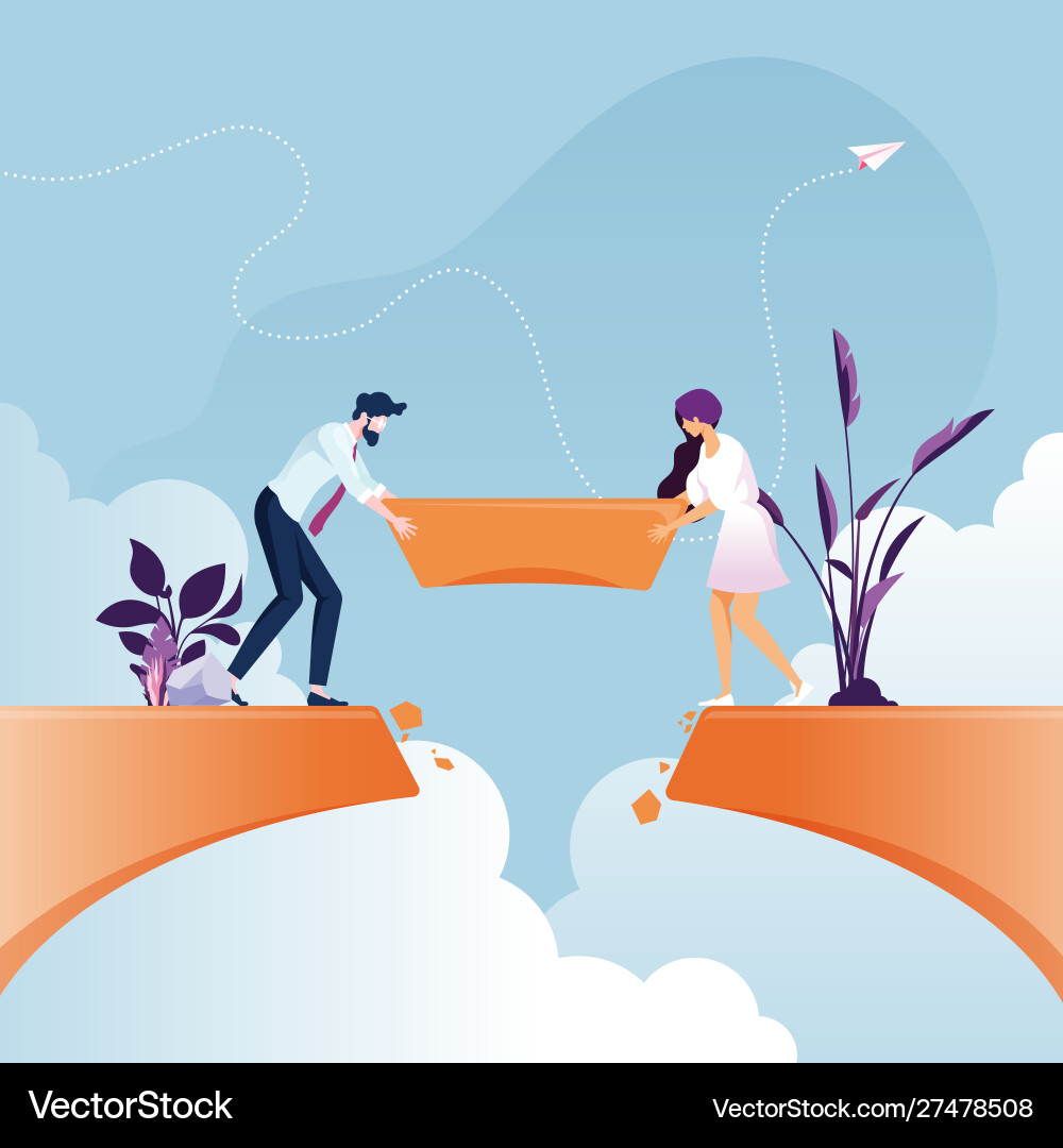 Business team building bridge over cliff Vector Image