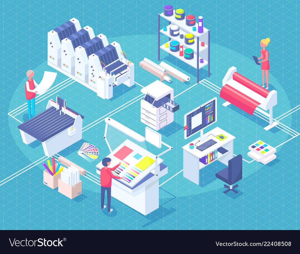 Printing house isometric polygraphy composition Vector Image