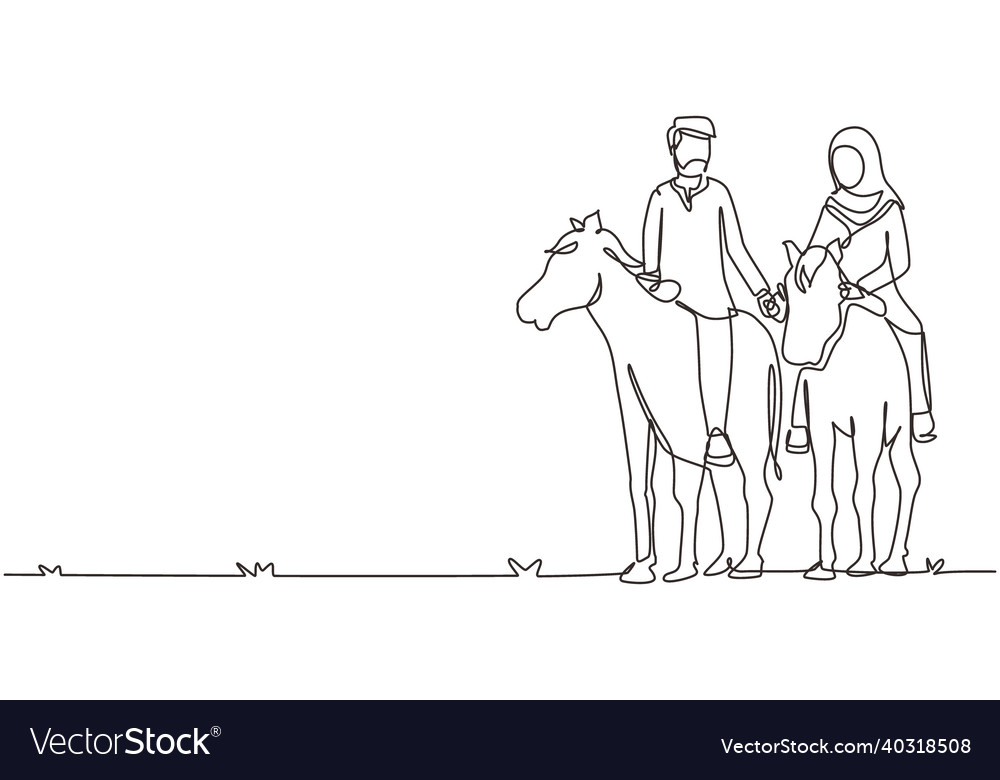 Single One Line Drawing Arabic Couple Riding Vector Image