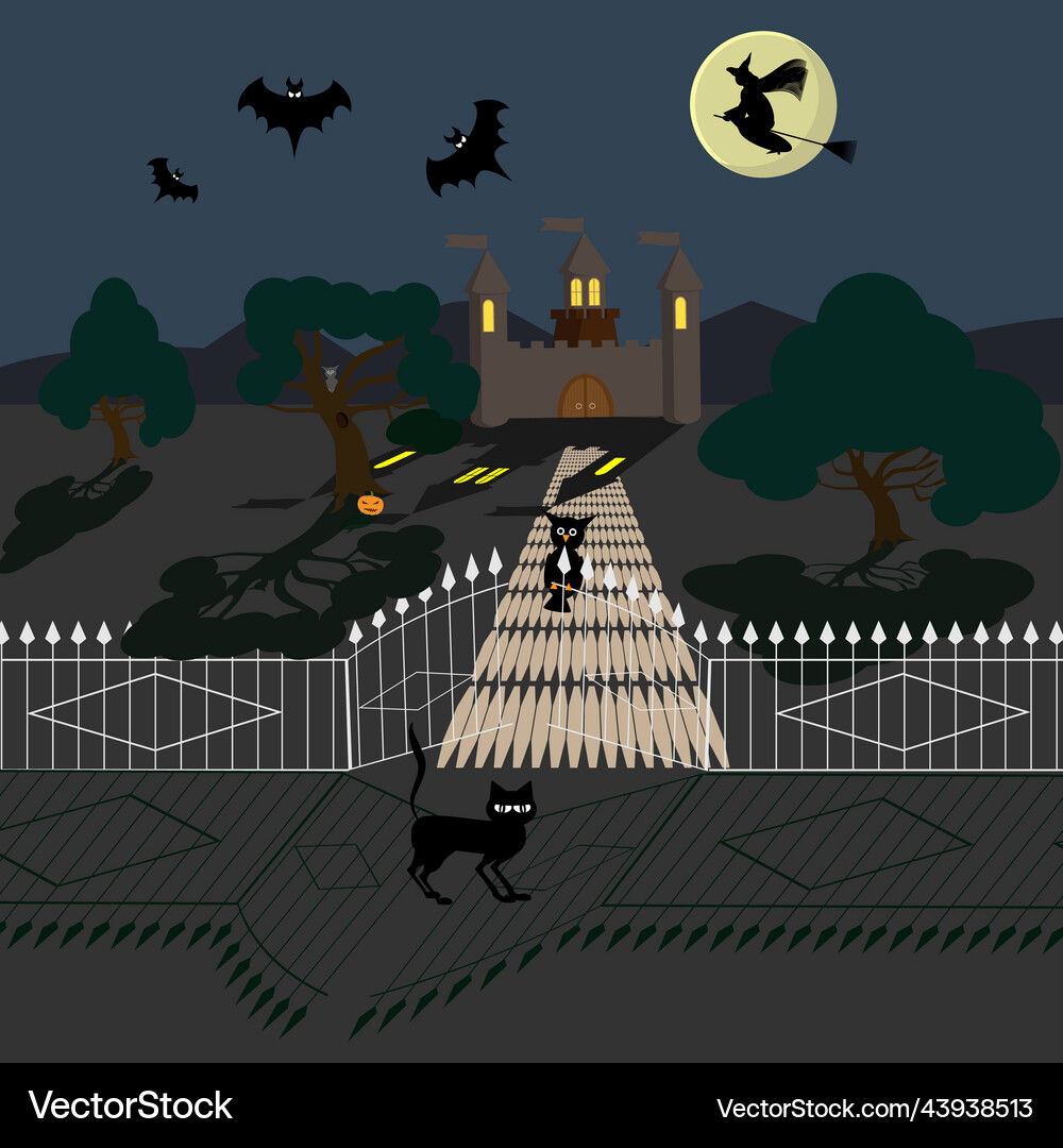 Halloween night landscape with castle bats cat Vector Image