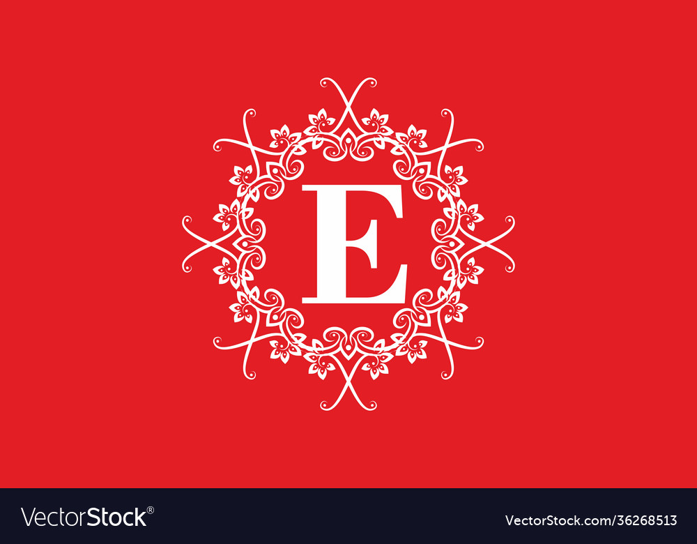 Red white e initial letter in classic frame Vector Image