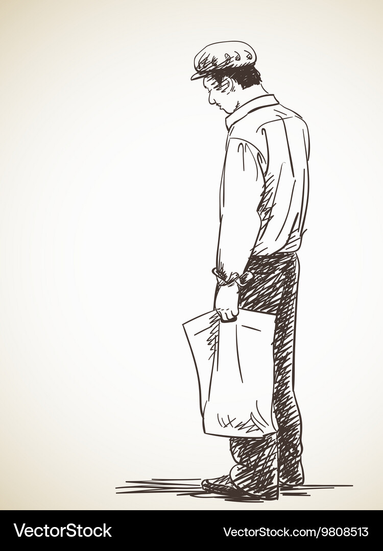 Sketch man standing wearing retro style cap hand Vector Image