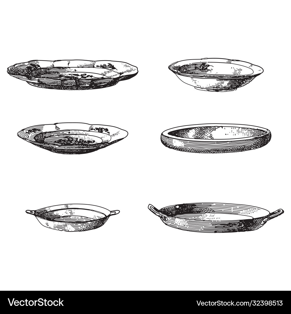 Vintage engraving set plates and pots Royalty Free Vector
