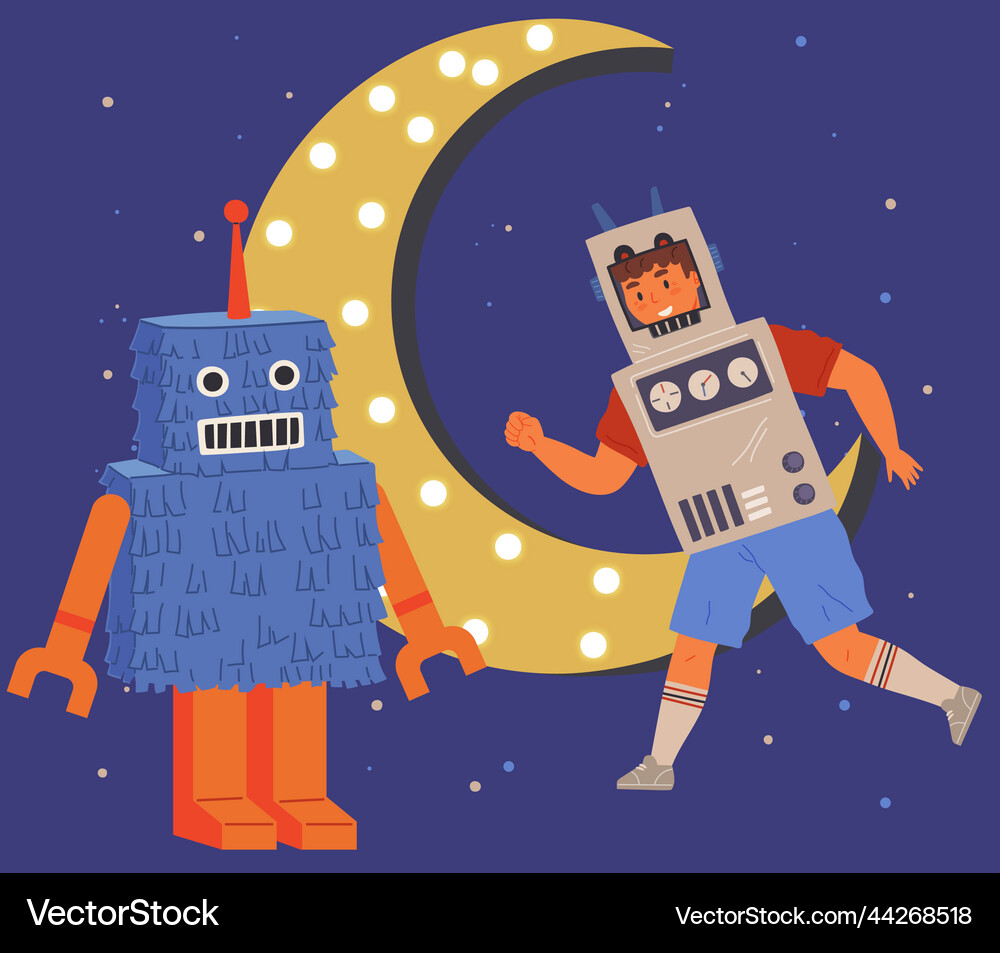 Boy wearing cardboard battle bot suit playing Vector Image