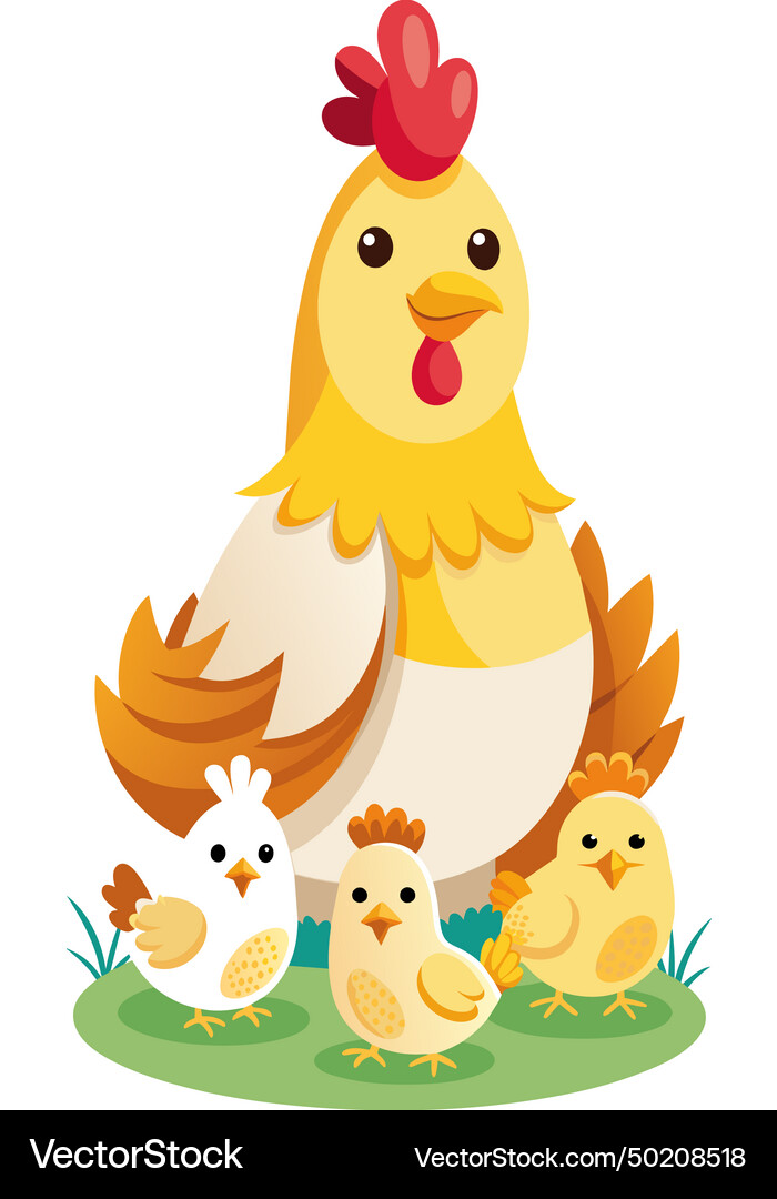 Cartoon hen with her own chicks Royalty Free Vector Image