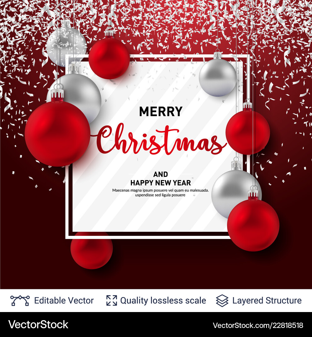 Shiny christmas balls and text on red background Vector Image