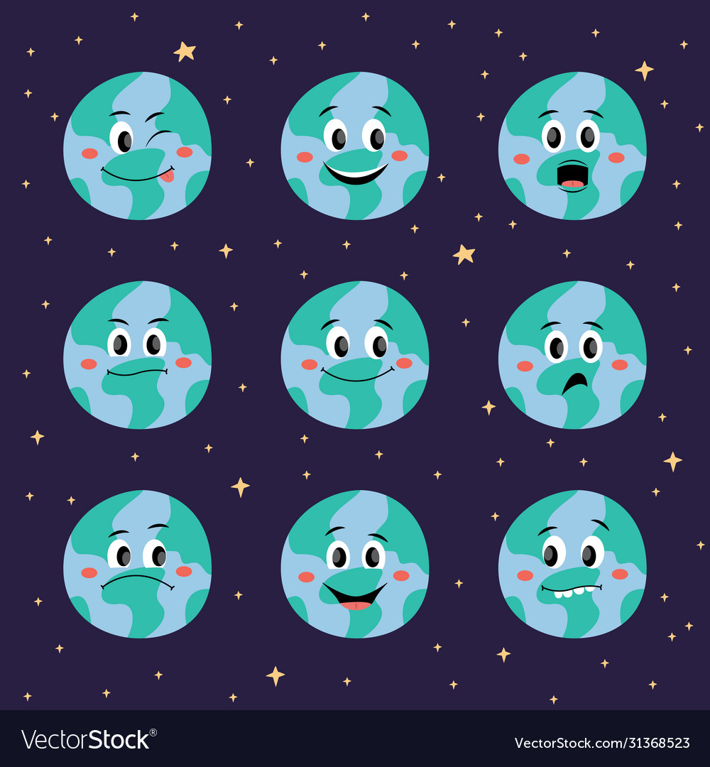 Cute cartoon earth planet with emotions face set Vector Image