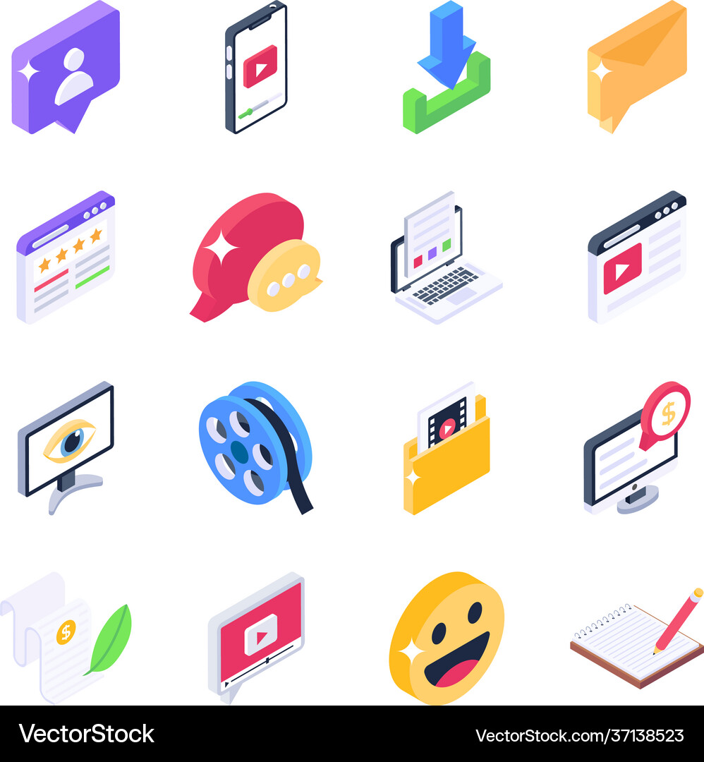 Unique media icons in isometric style Royalty Free Vector