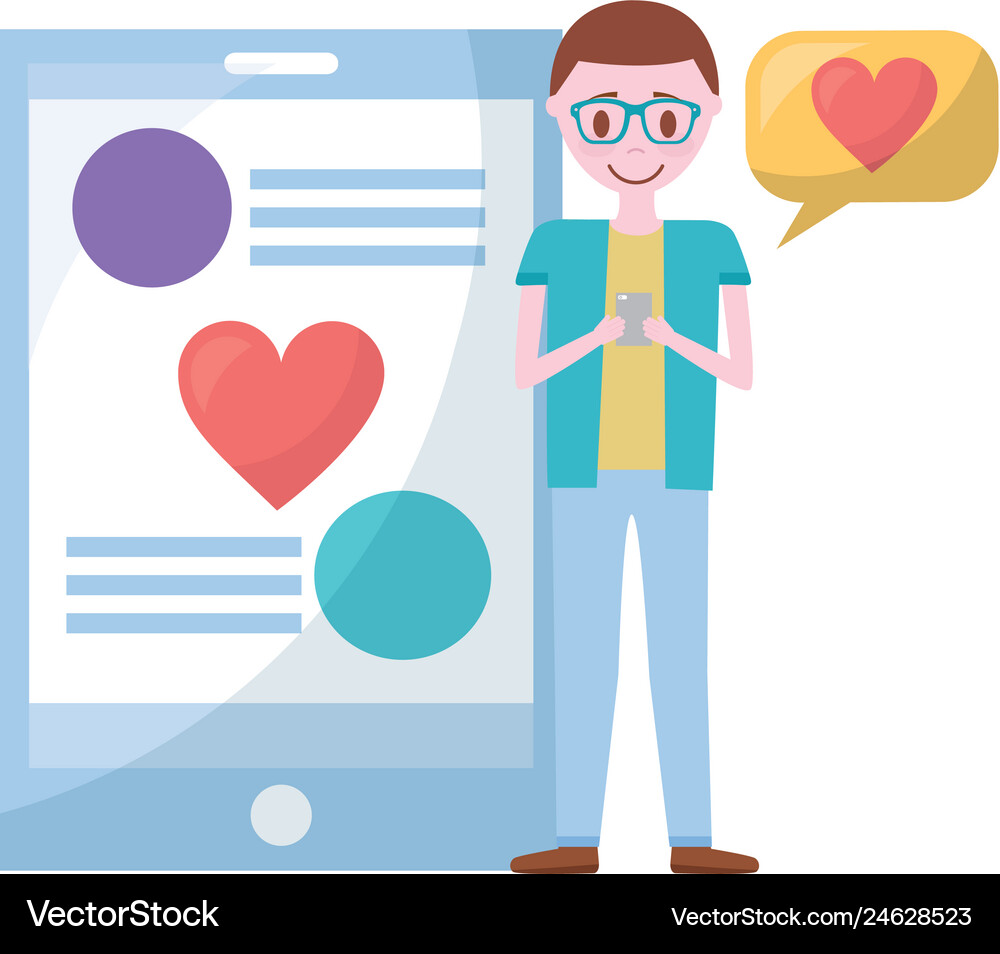 Young man with smartphone and icons Royalty Free Vector