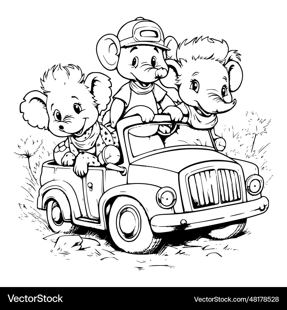 Animals riding a car coloring pages drawing Vector Image