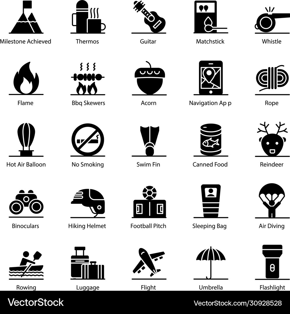 Hiking accessories glyph icons pack Royalty Free Vector