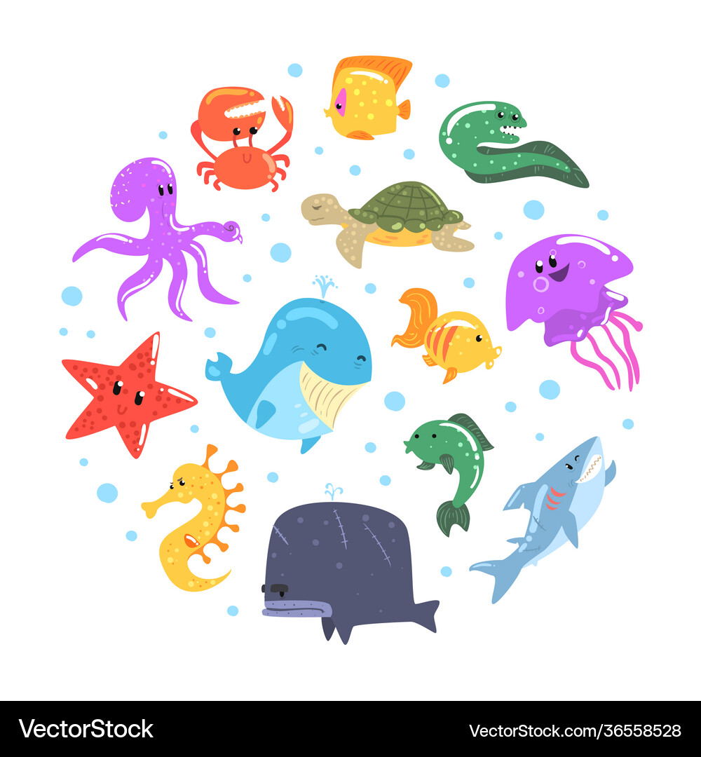 Marine animals in circular shape underwater world Vector Image