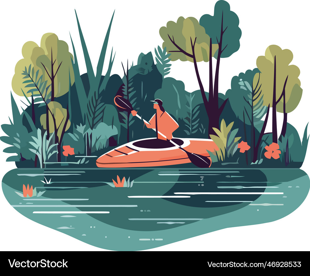Man enjoying canoeing and sailing on a river Vector Image