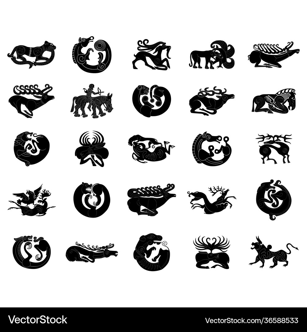 Monochrome icon set with scythian art Royalty Free Vector