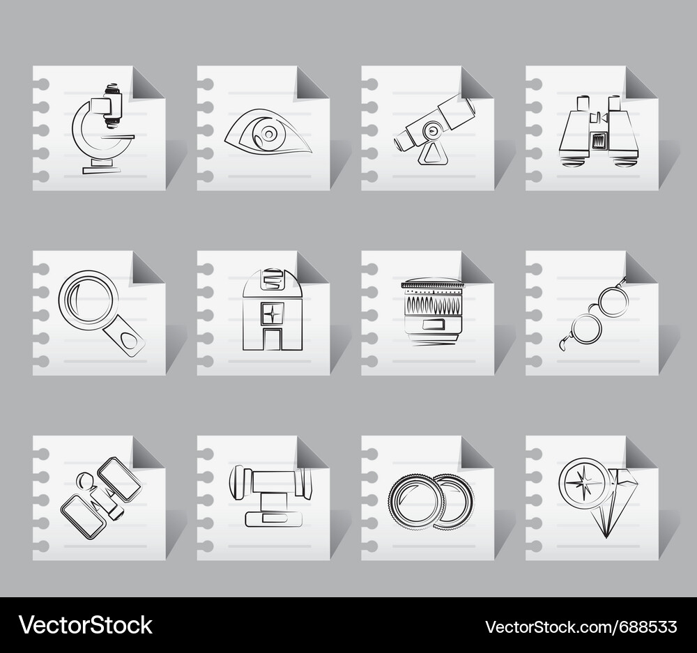 Optic and lens equipment icons Royalty Free Vector Image