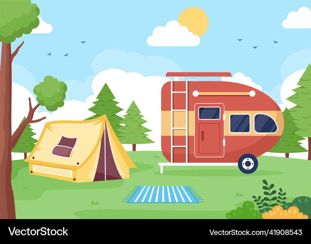 Camping car background with tent camper car Vector Image