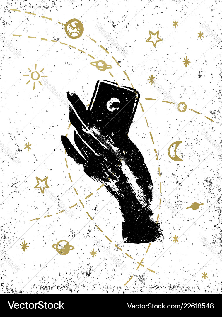Black witchs hand with cosmos on white textured Vector Image