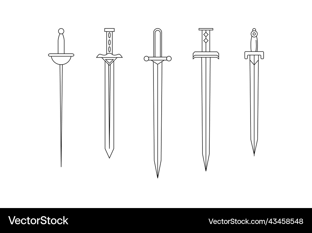 Medieval long swords drawn art line style set Vector Image