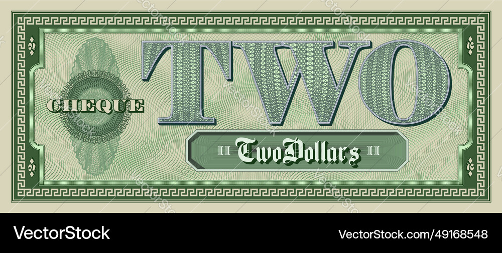 Sample green paper check of 2 dollars Royalty Free Vector