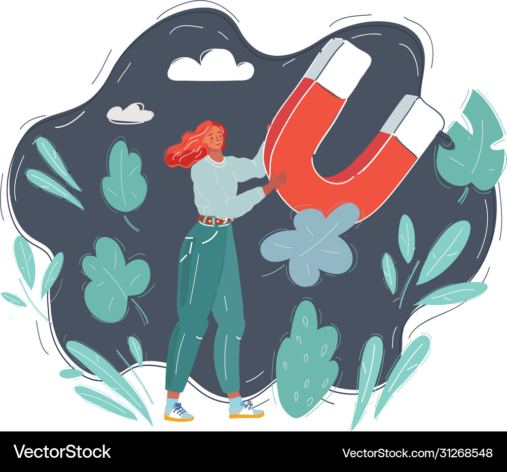 Tiny woman with big magnet in her hands Royalty Free Vector