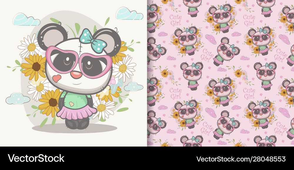 Cute cartoon panda girl with seamless pattern Vector Image