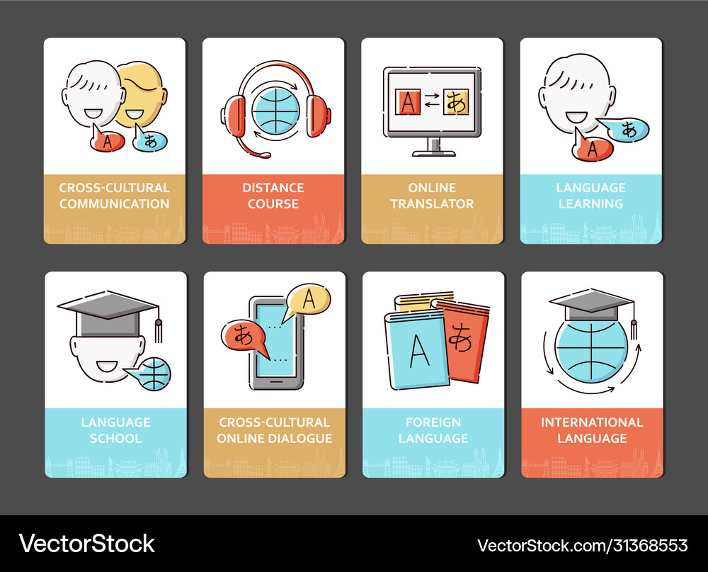 Language school icon card set - global web Vector Image