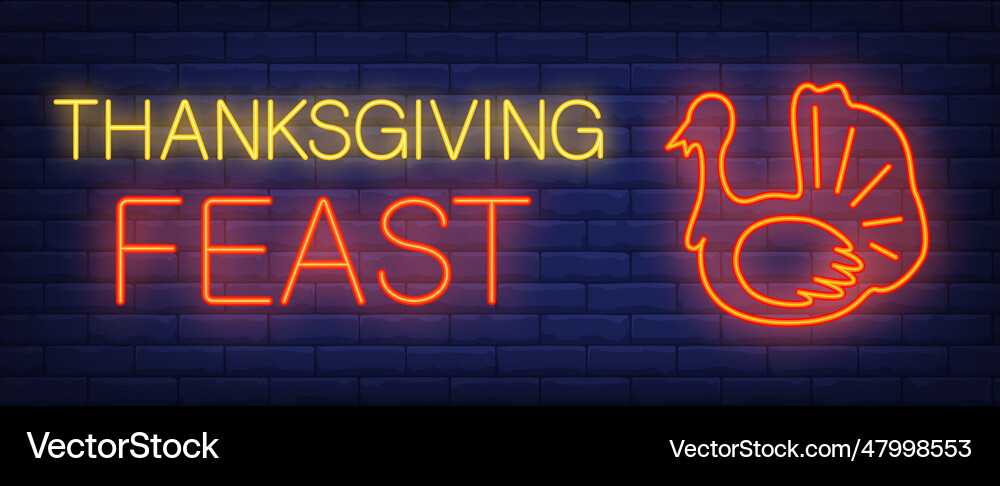 Thanksgiving feast neon text with turkey Vector Image