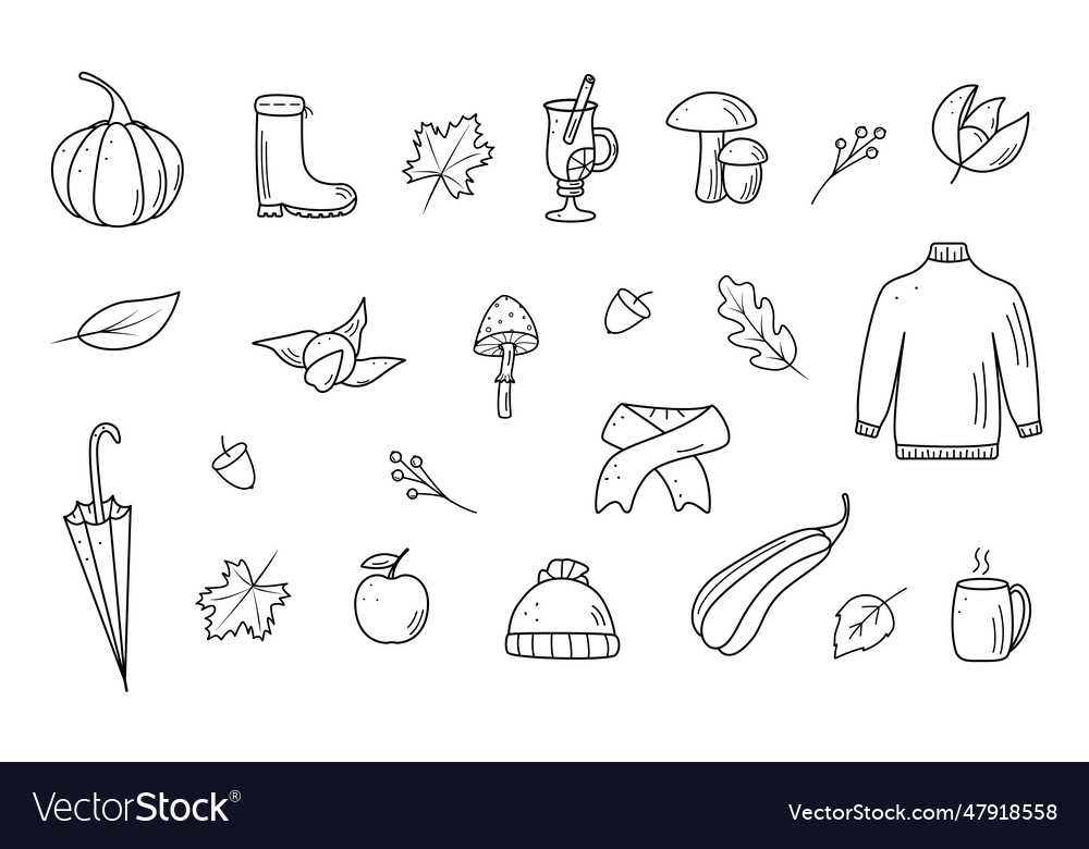 Autumn set of elements fall icon doodle style Vector Image
