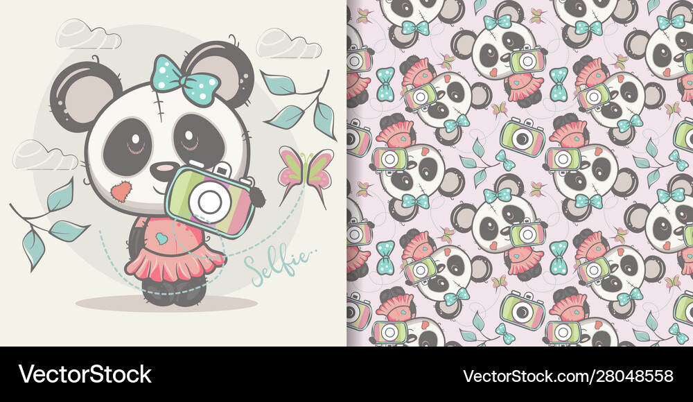 Cute cartoon panda girl with seamless pattern Vector Image