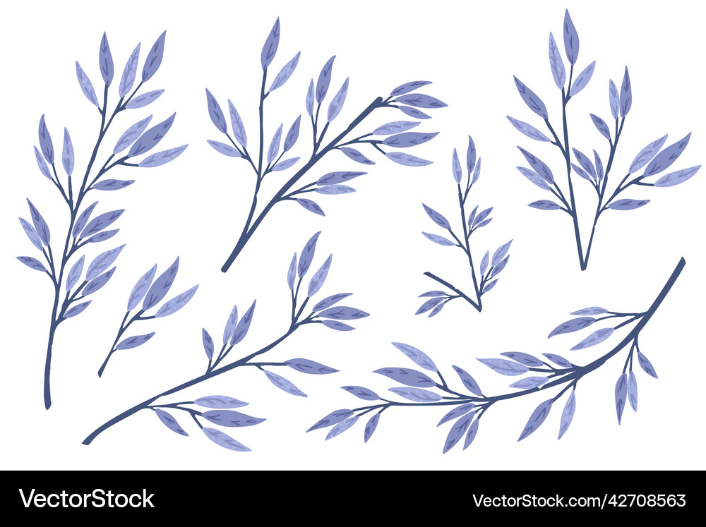Set of hand drawn tree branches with leaves Vector Image