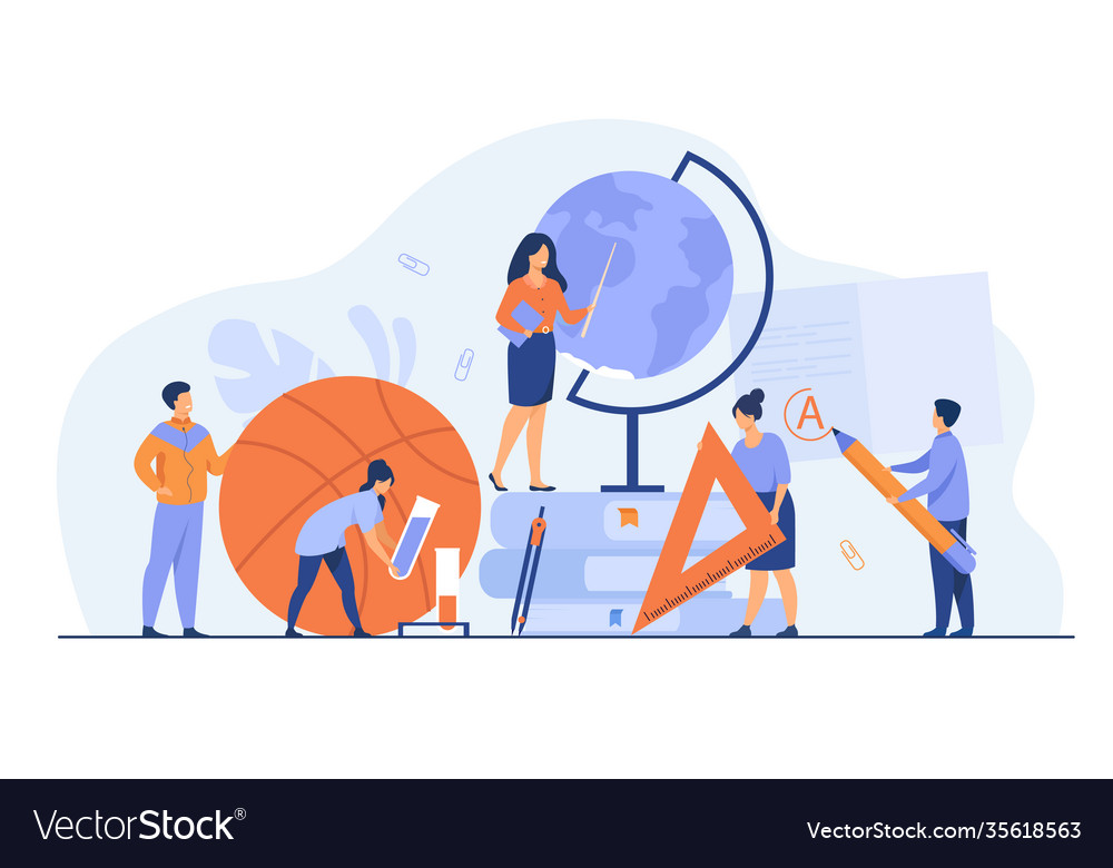 Tiny teachers with educational tools Royalty Free Vector